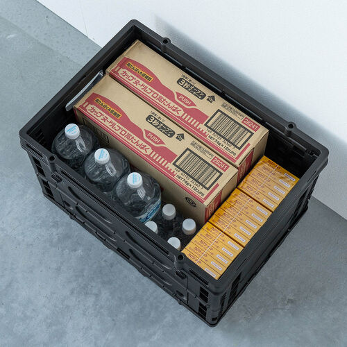 折りたたみコンテナ（容量65L・耐荷重25kg・サイドオープン・取り外せるフタ付き・スタッキング・荷物収納・保管・防災・アウトドア・ブラック） EZ1-CNT001CV | 激安通販のイーサプライ