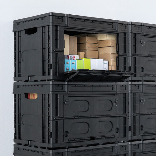 折りたたみコンテナ（容量65L・耐荷重25kg・サイドオープン・取り外せるフタ付き・スタッキング・荷物収納・保管・防災・アウトドア・ブラック） EZ1-CNT001CV | 激安通販のイーサプライ