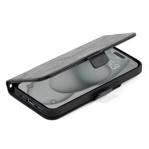 iPhone15 専用 手帳型ケース（ブラック・PUレザー・収納ポケット・スタンド機能・画面保護・ストラップホール付き） EZ2 ...