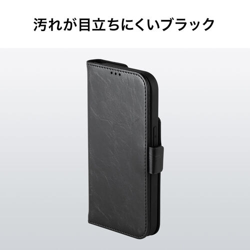 iPhone15 専用 手帳型ケース（ブラック・PUレザー・収納ポケット・スタンド機能・画面保護・ストラップホール付き） EZ2 ...